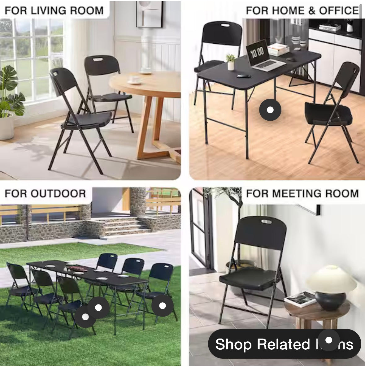Black Folding Chairs 4-Pack, Black Commercial Grade Plastic and Steel ...